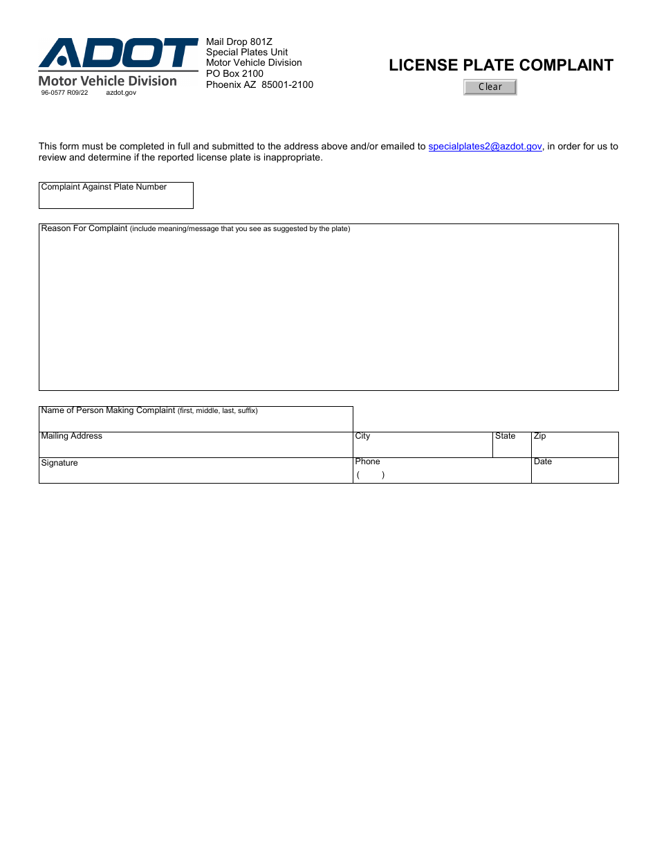 Form 96-0577 Download Fillable PDF or Fill Online License Plate Complaint, Arizona 2009 — 2025 ...