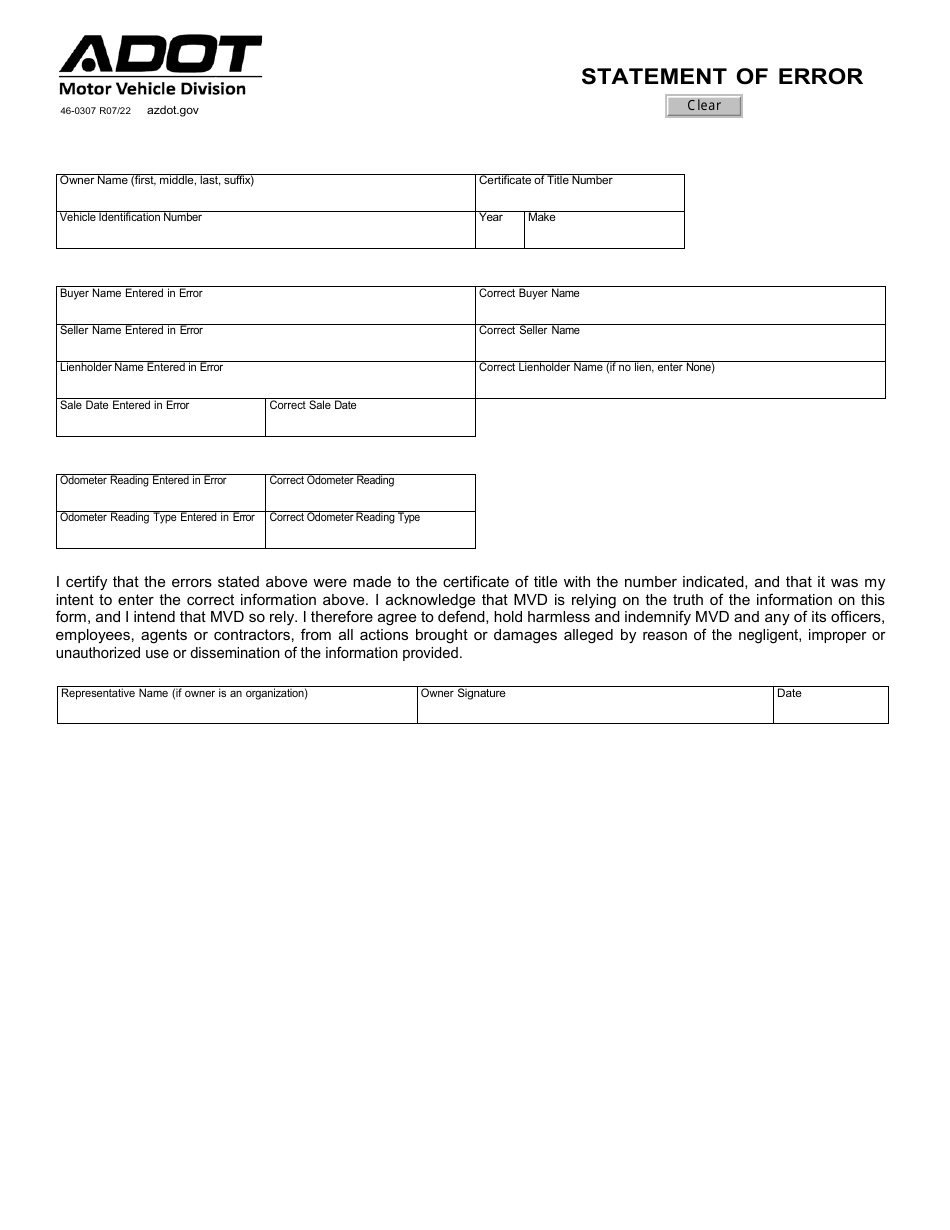 Form 46-0307 - Fill Out, Sign Online and Download Fillable PDF, Arizona ...