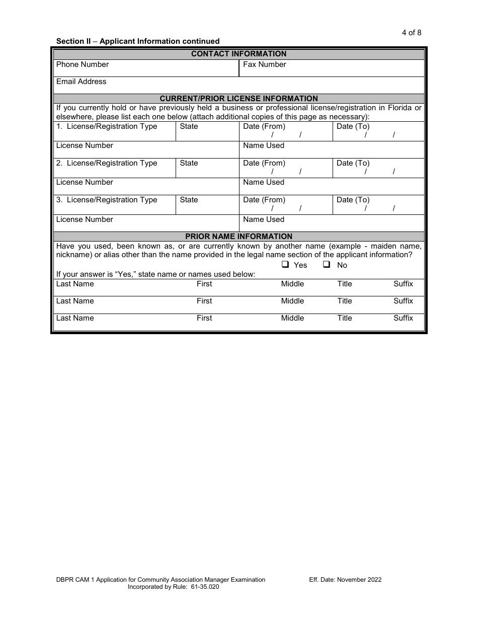 Form DBPR CAM1 Download Printable PDF or Fill Online Application for ...