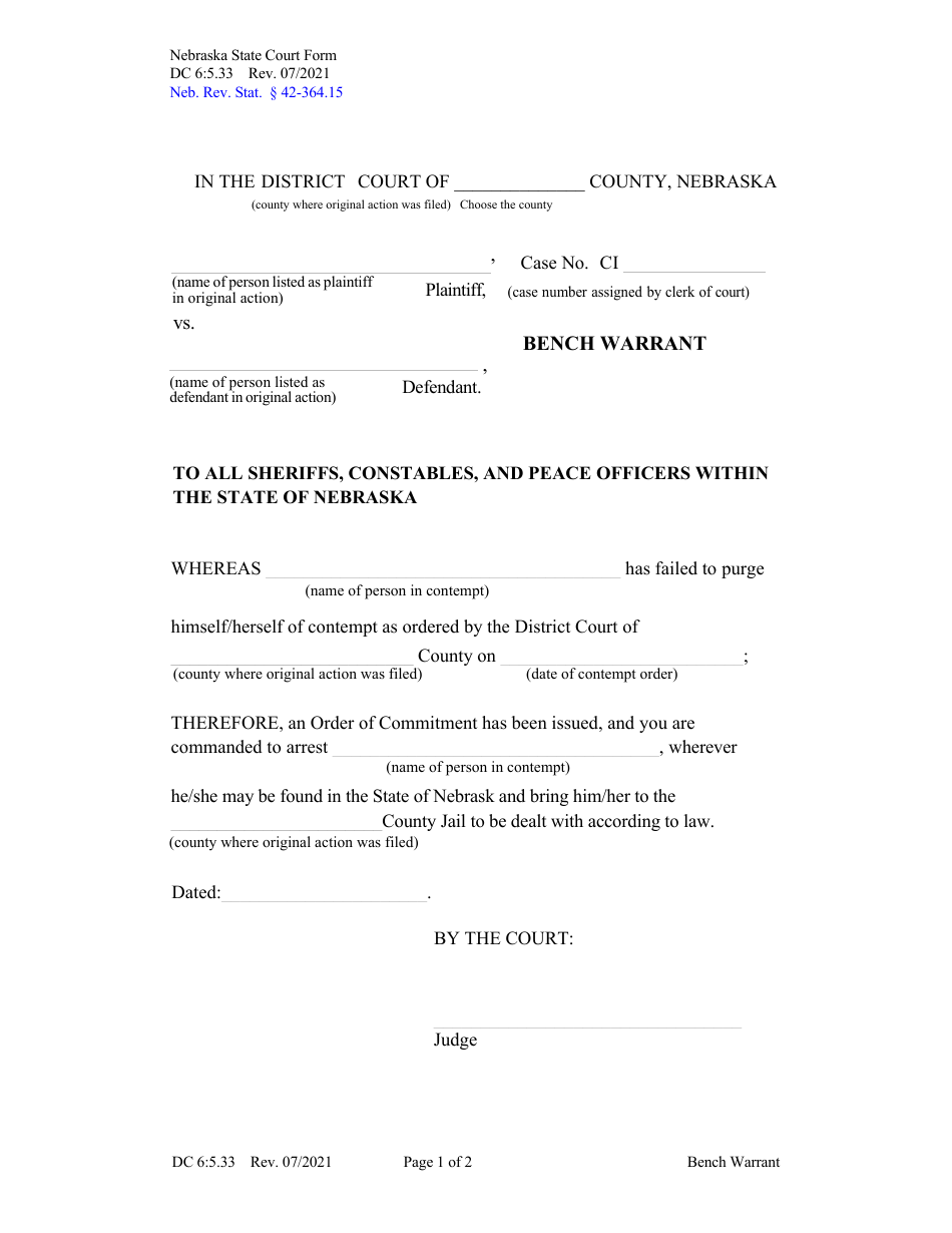 Form DC6:5.33 Download Fillable PDF or Fill Online Bench Warrant ...