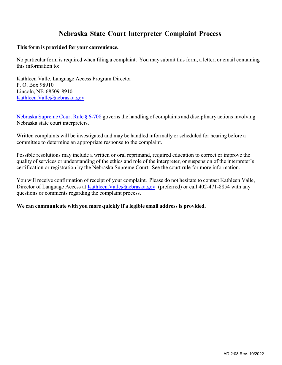 Form AD2:08 Download Fillable PDF or Fill Online Interpreter Complaint ...