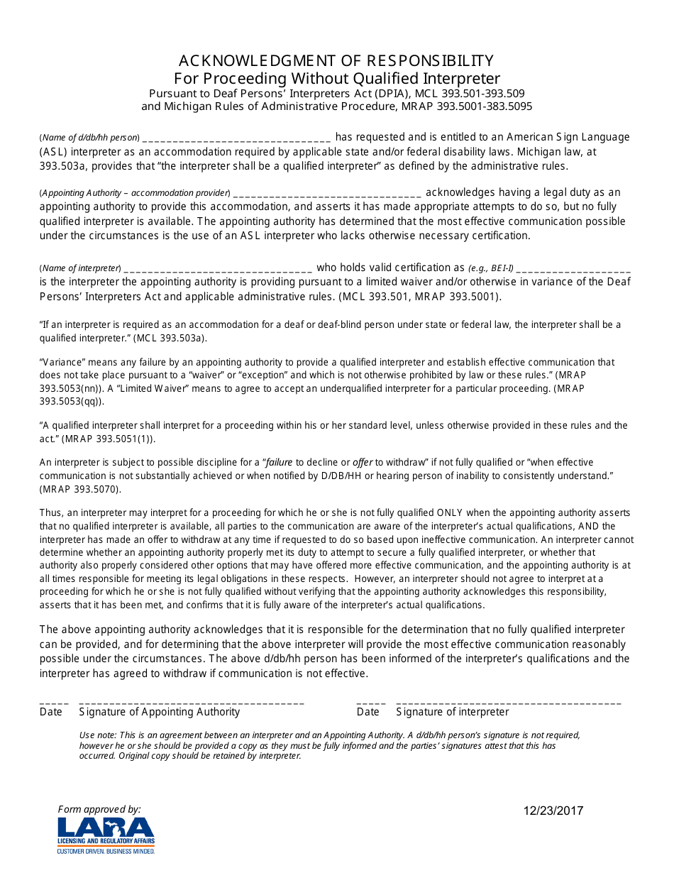 Michigan Acknowledgment of Responsibility for Proceeding Without ...