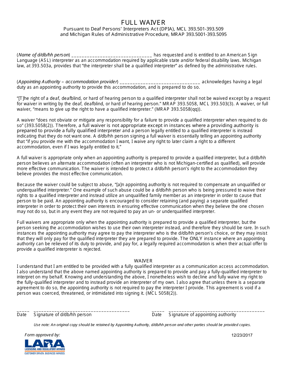 Michigan Full Waiver - Fill Out, Sign Online and Download PDF ...