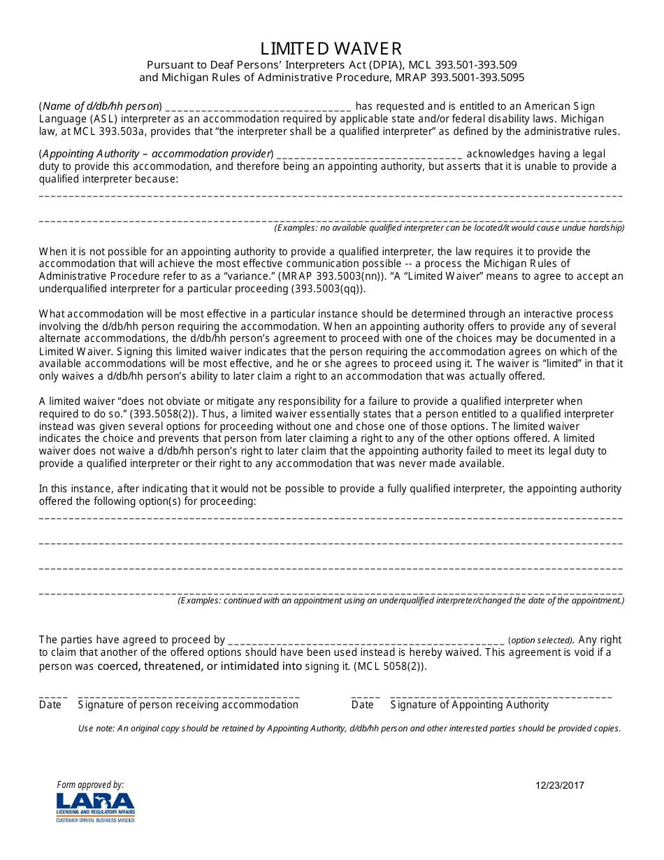 Michigan Limited Waiver - Fill Out, Sign Online and Download PDF ...