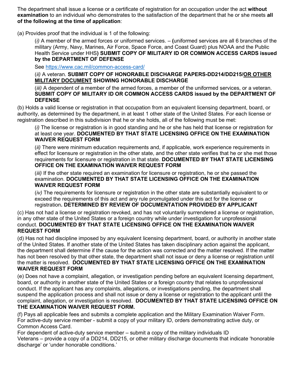 Michigan License Examination Waiver Request Form Military/Uniformed ...