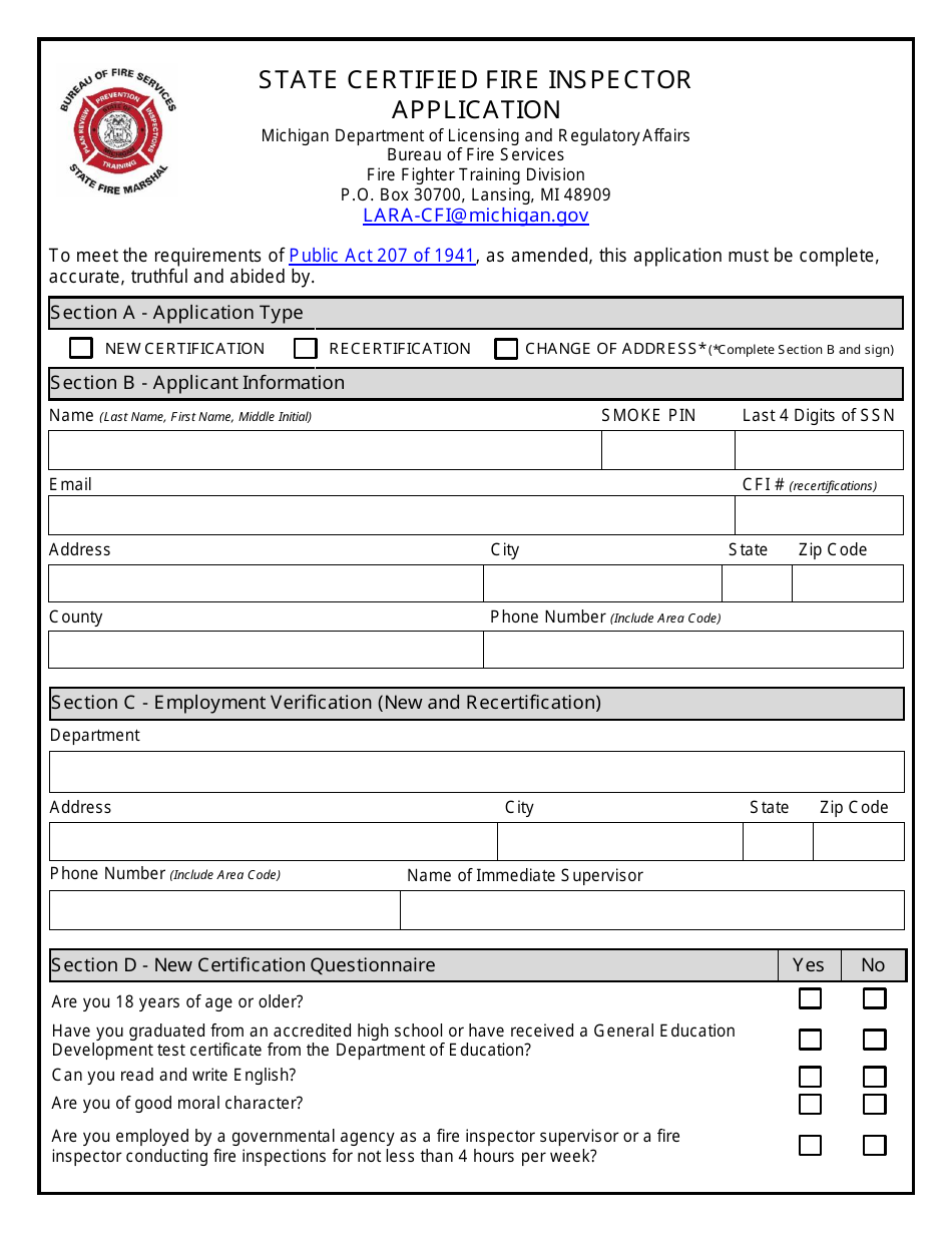 Michigan State Certified Fire Inspector Application - Fill Out, Sign ...
