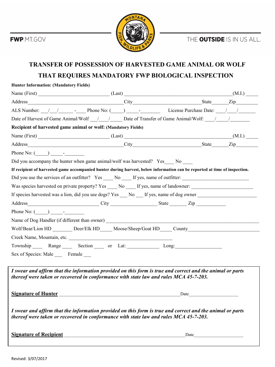 Montana Transfer of Possession of Harvested Game Animal or Wolf That ...