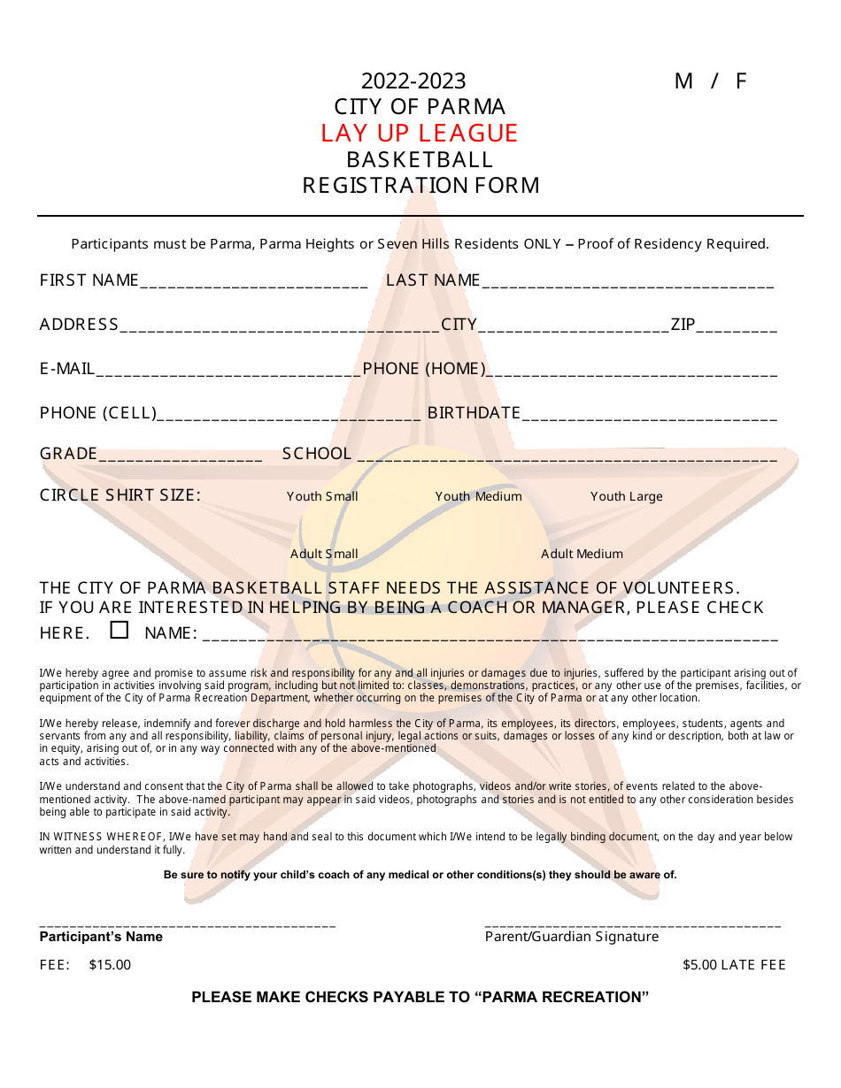 2023 City of Parma, Ohio Lay up League Basketball Registration Form - Fill Out, Sign Online and ...