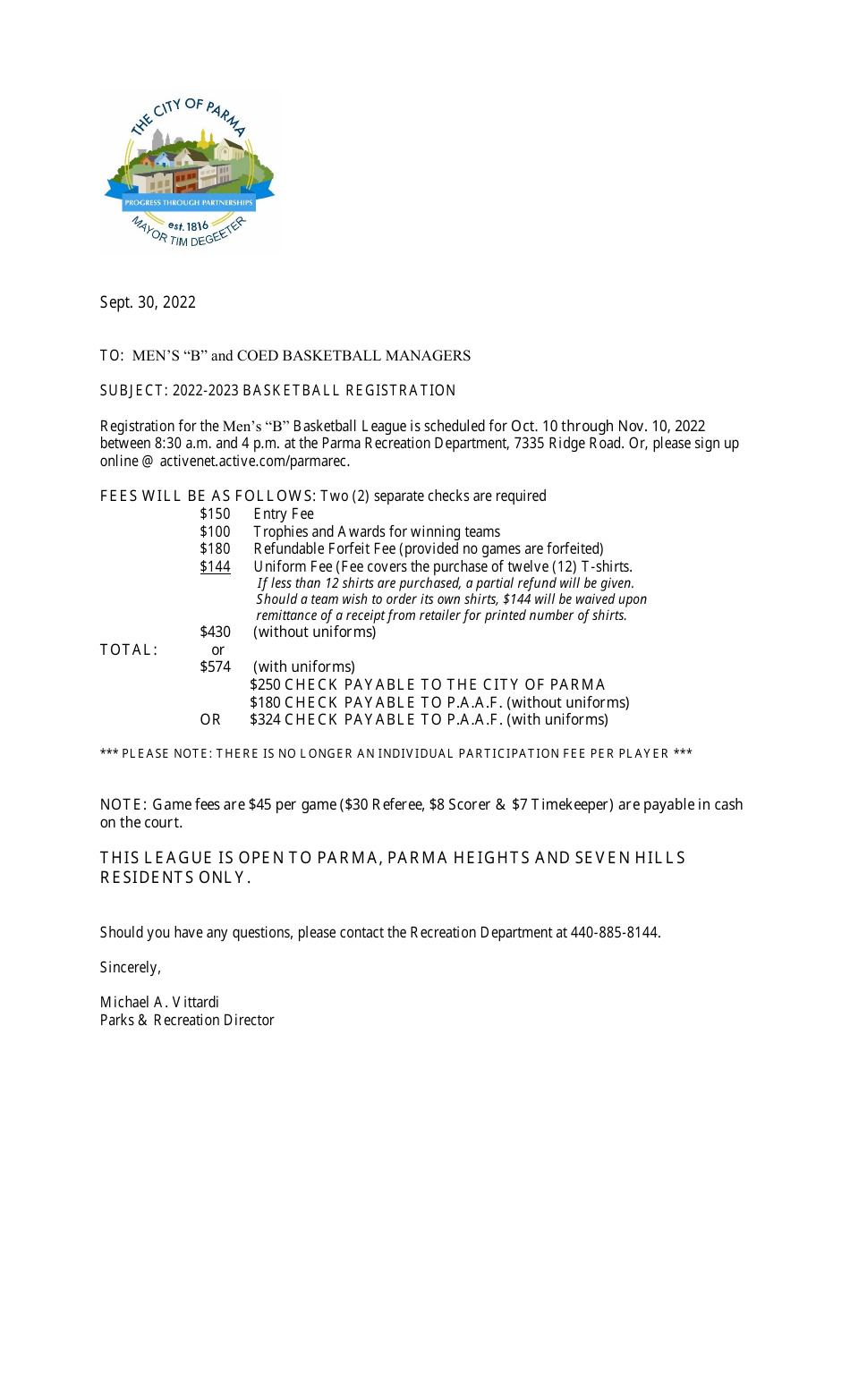 2023 City of Parma, Ohio Men's B and Coed Basketball Registration ...