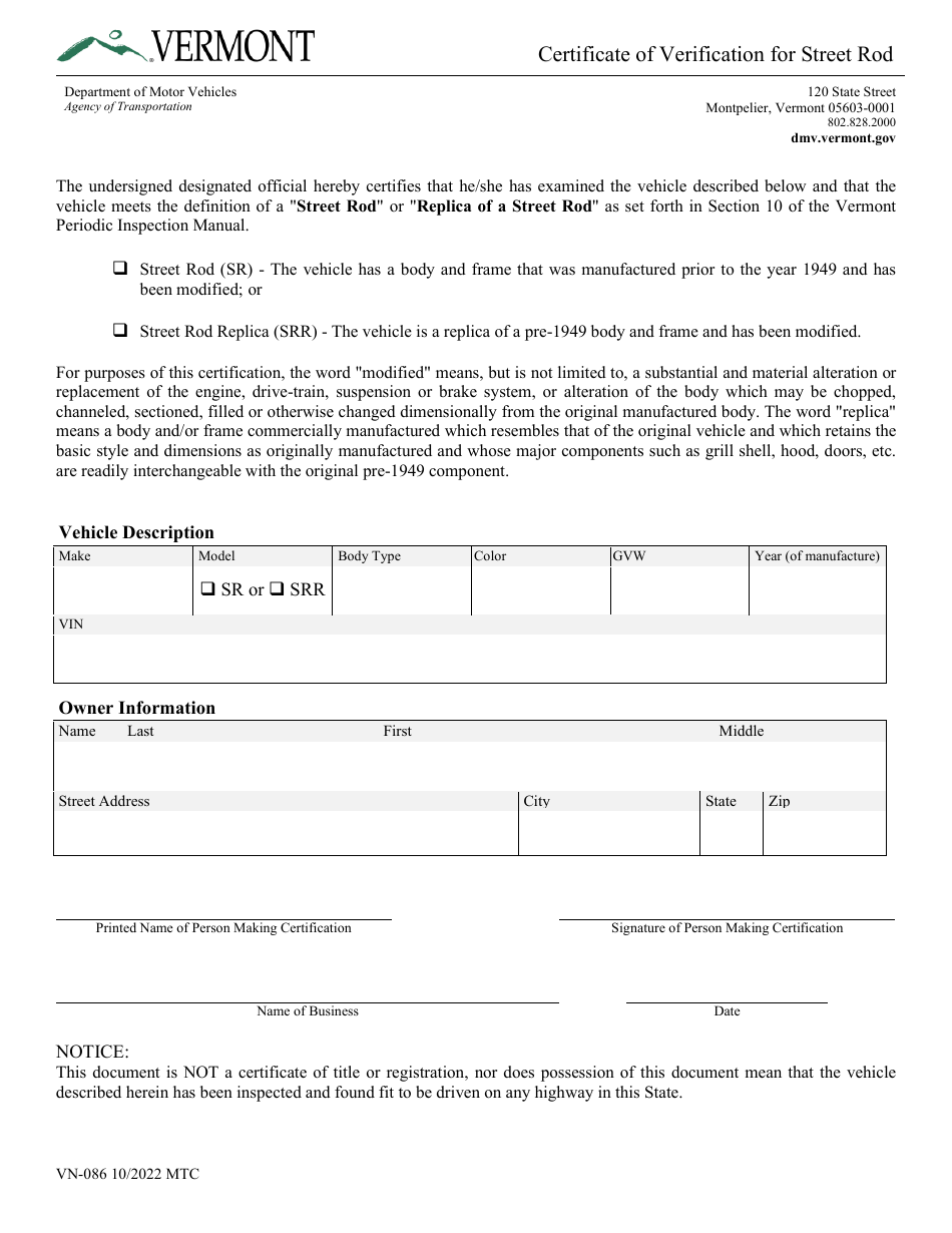 Form VN-086 - Fill Out, Sign Online and Download Fillable PDF, Vermont ...