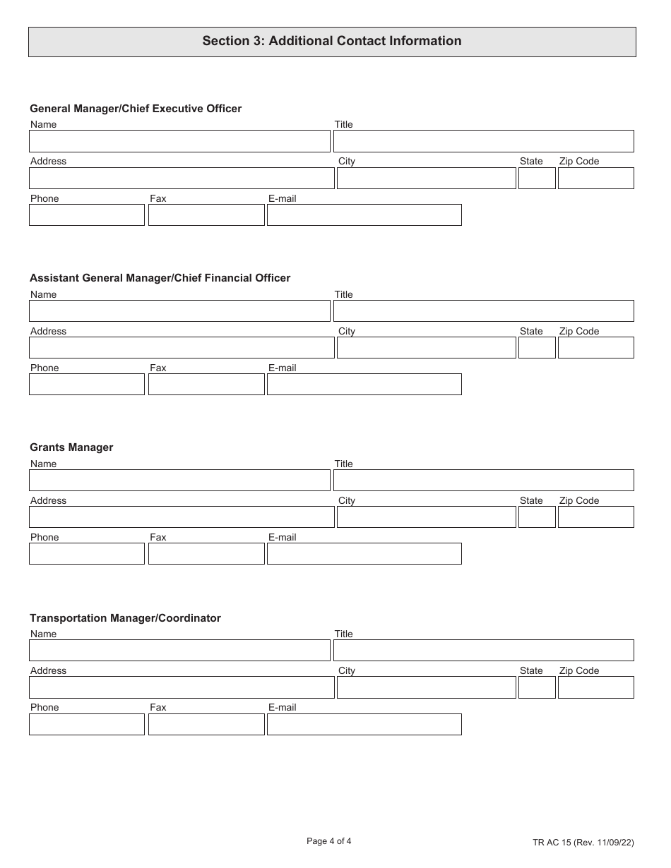 Form TR AC15 Download Fillable PDF or Fill Online Section 5310 Annual Certification of Project ...
