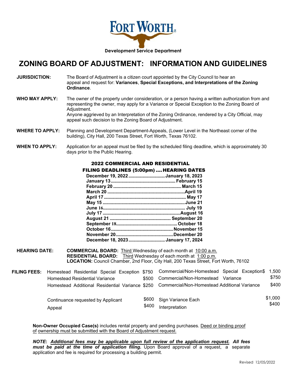 City of Fort Worth, Texas Application to the Zoning Board of Adjustment ...