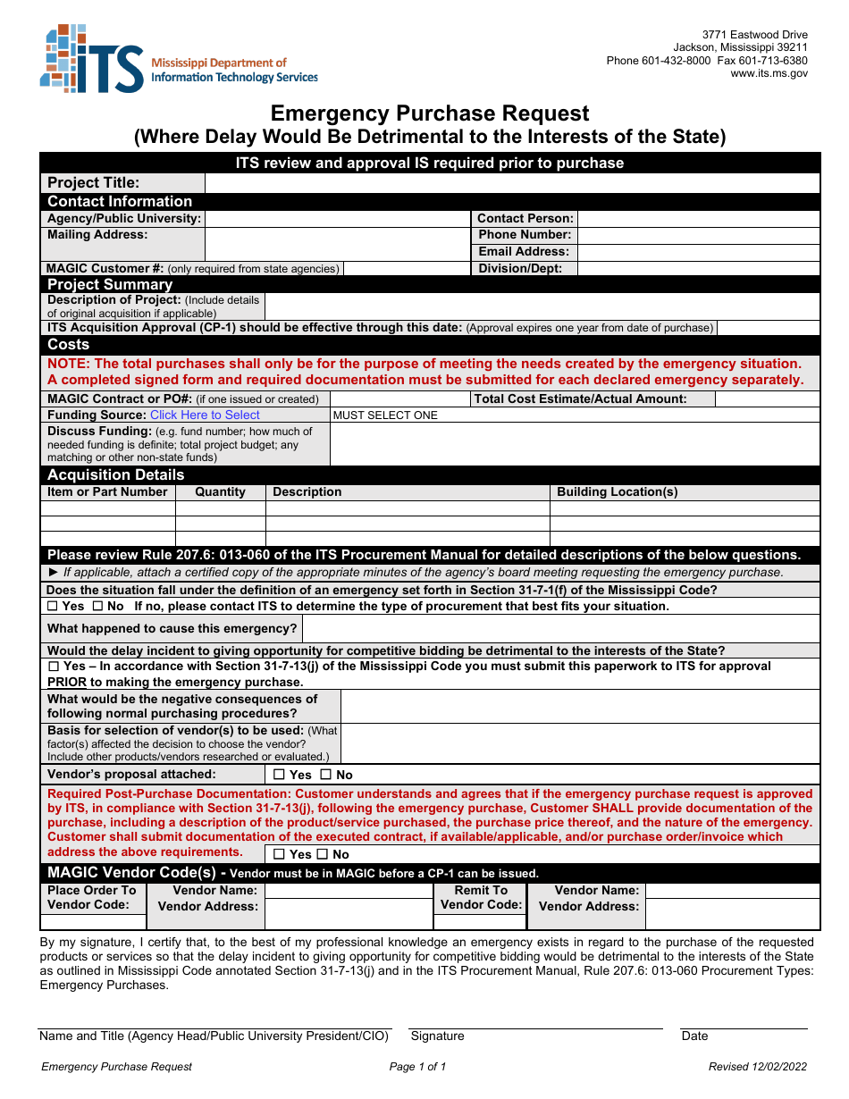 Mississippi Emergency Purchase Request Form (Where Delay Would Be ...