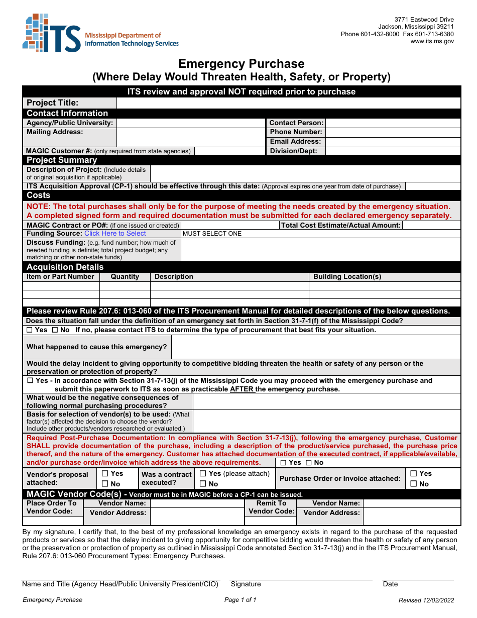 Mississippi Emergency Purchase Form (Where Delay Would Threaten Health ...