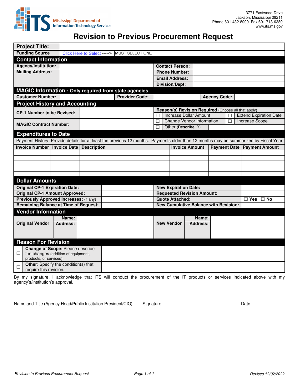 Mississippi Revision to Previous Procurement Request - Fill Out, Sign Online and Download PDF ...