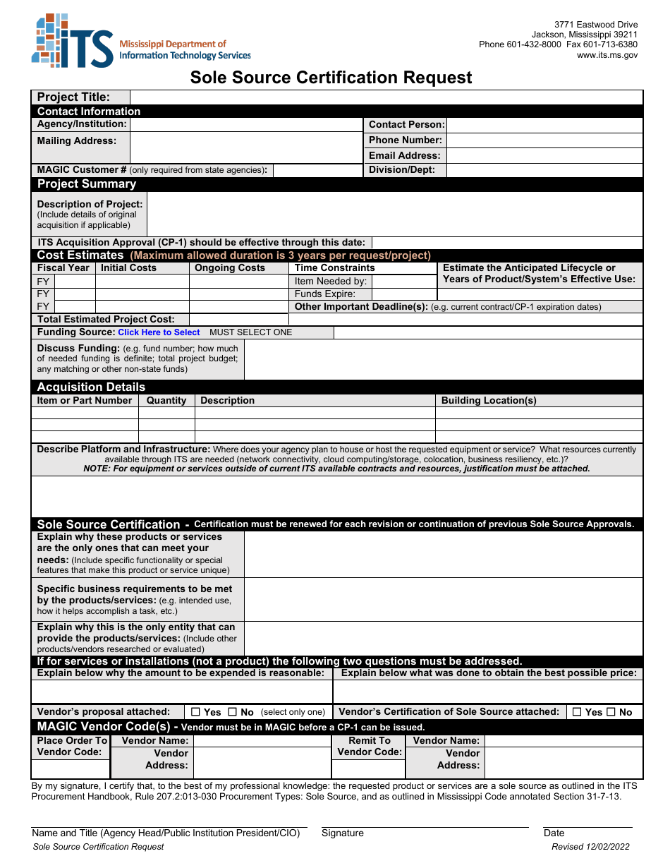 Mississippi Sole Source Certification Request Download Fillable PDF | Templateroller