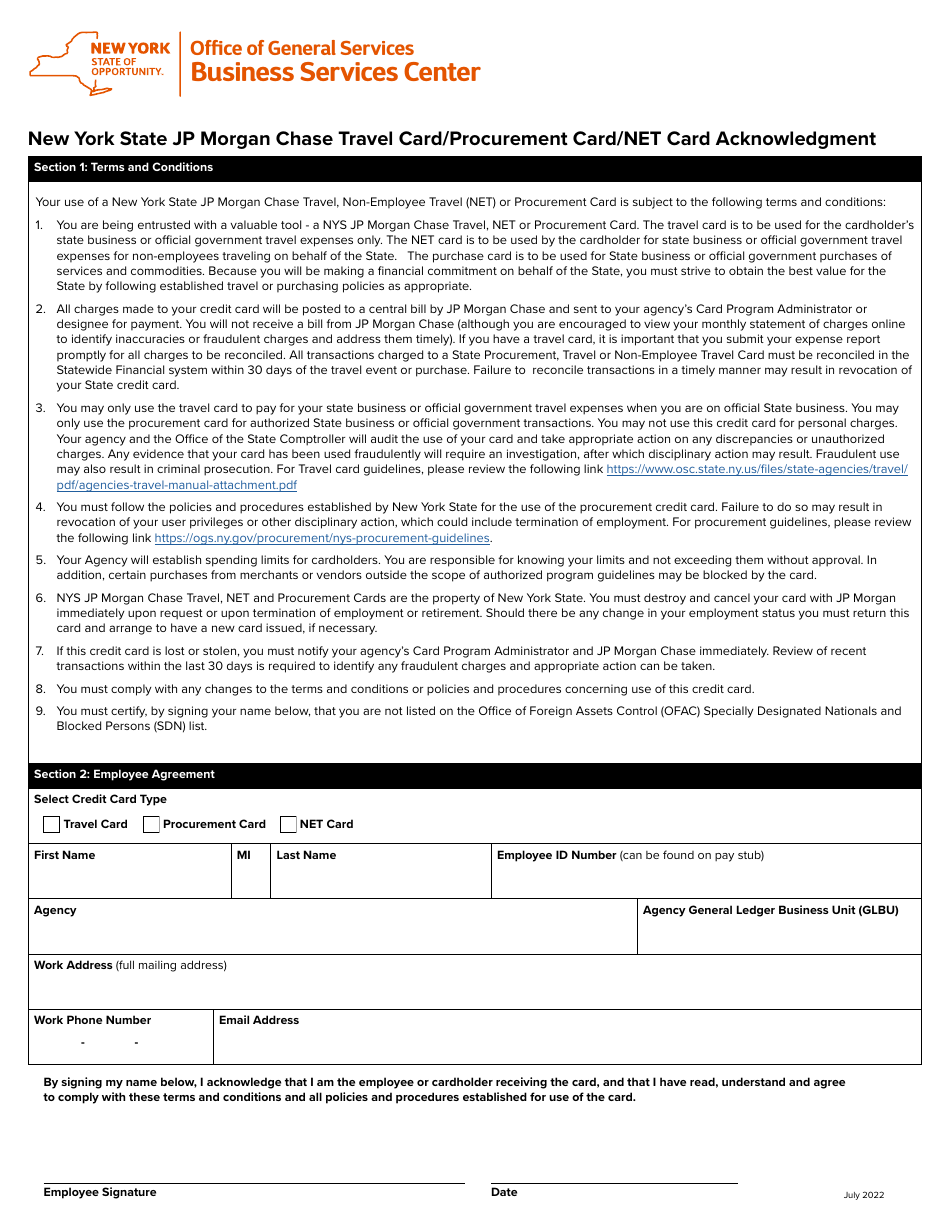 New York New York State Jp Morgan Chase Travel Card/Procurement Card ...
