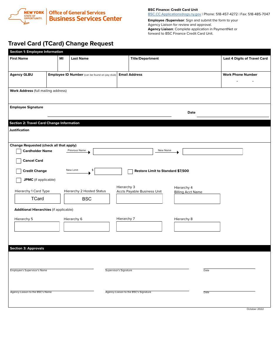 New York Travel Card (Tcard) Change Request - Fill Out, Sign Online and ...