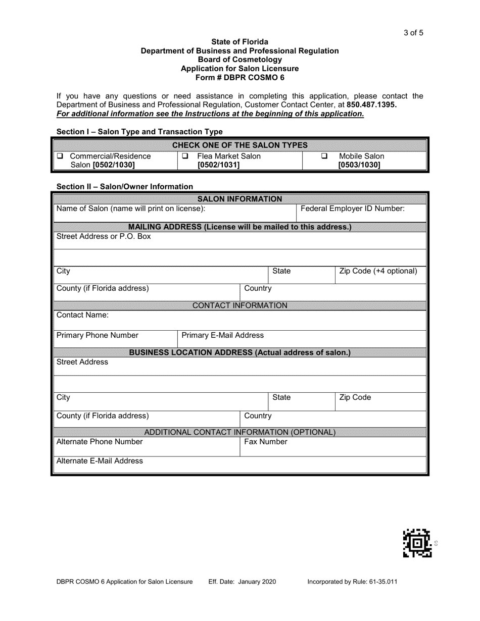 Form DBPR COSMO6 Download Printable PDF or Fill Online Application for ...