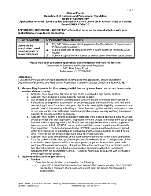 Form DBPR COSMO2 Download Printable PDF or Fill Online Application for ...