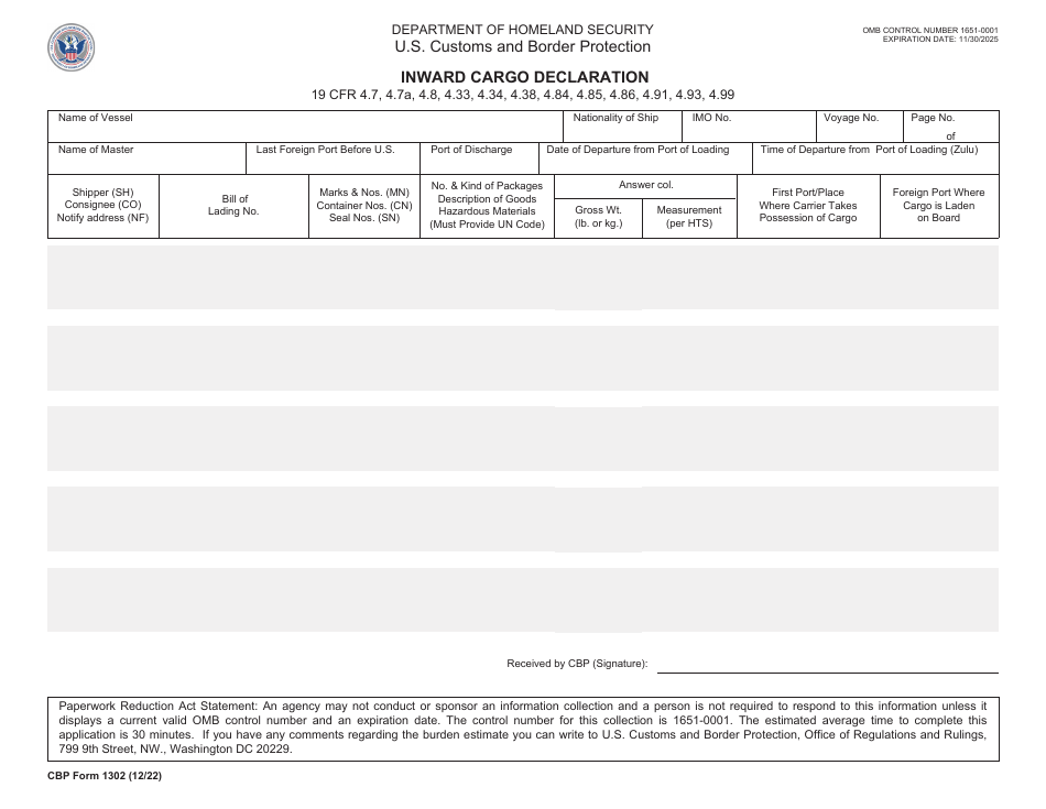 CBP Form 1302 Download Fillable PDF or Fill Online Inward Cargo ...