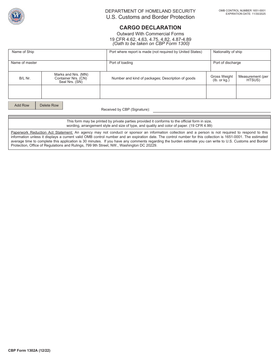 CBP Form 1302A Download Fillable PDF or Fill Online Cargo Declaration ...