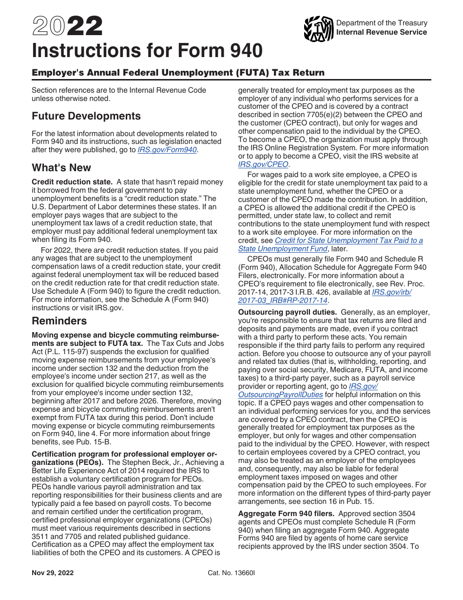 Download Instructions for IRS Form 940 Employer's Annual Federal ...