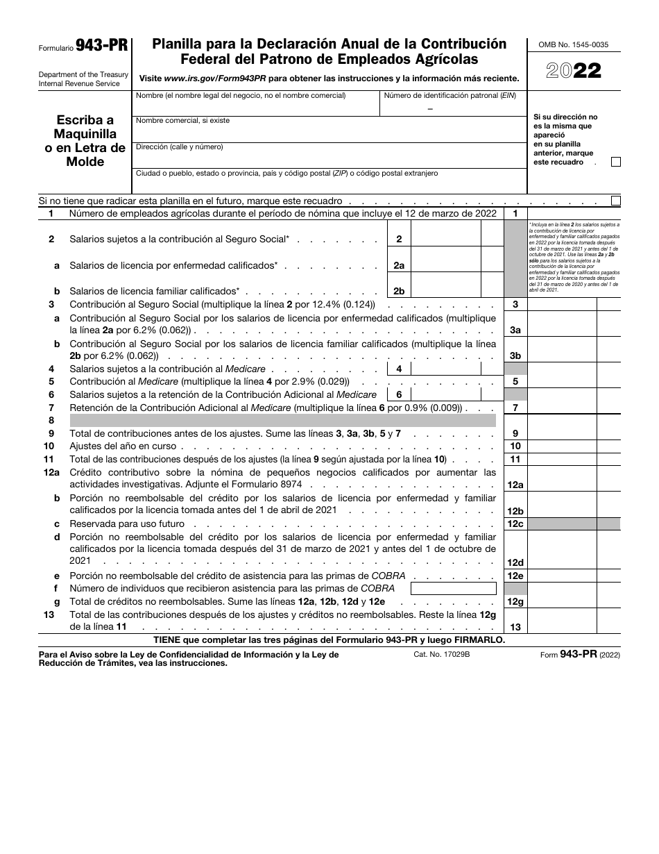 IRS Formulario 943-PR Download Fillable PDF or Fill Online Planilla ...