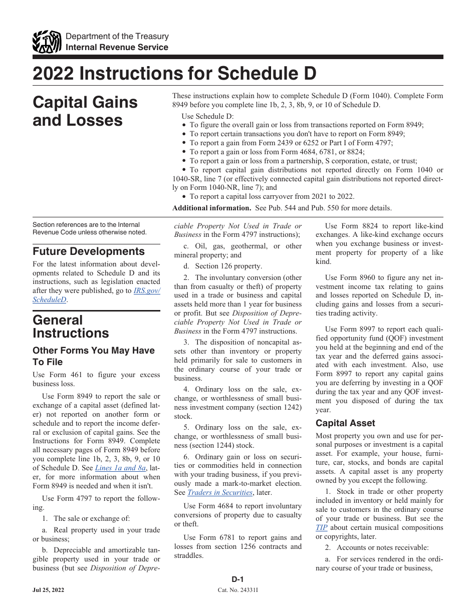 Download Instructions for IRS Form 1040 Schedule D Capital Gains and ...