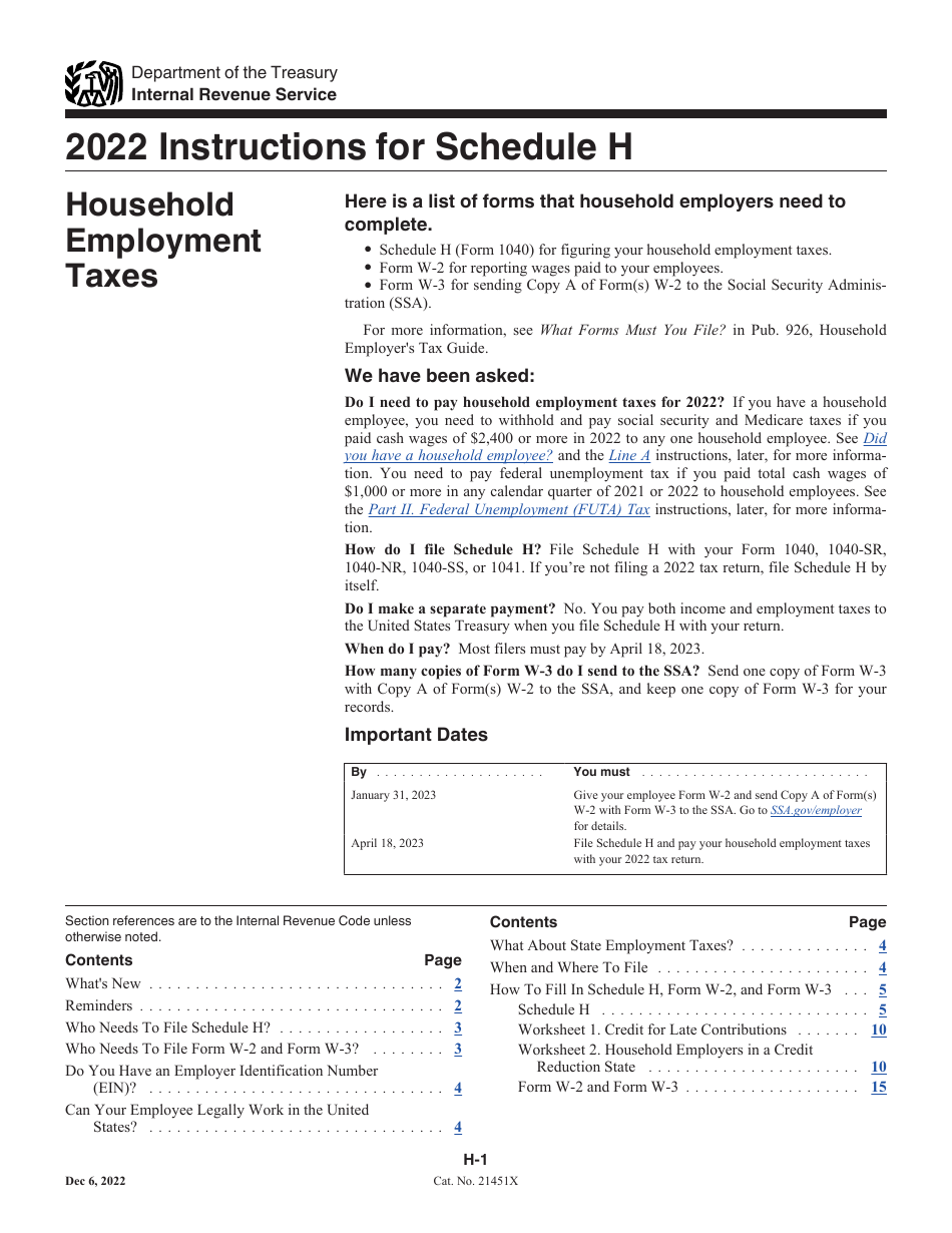 Download Instructions for IRS Form 1040 Schedule H Household Employment ...