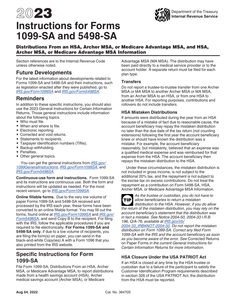 Download Instructions for IRS Form 1099-SA, 5498-SA PDF, 2023 2018 ...