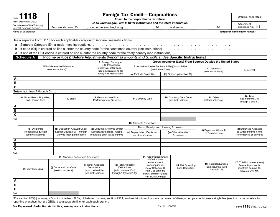 IRS Form 1118 Download Fillable PDF or Fill Online Foreign Tax Credit ...