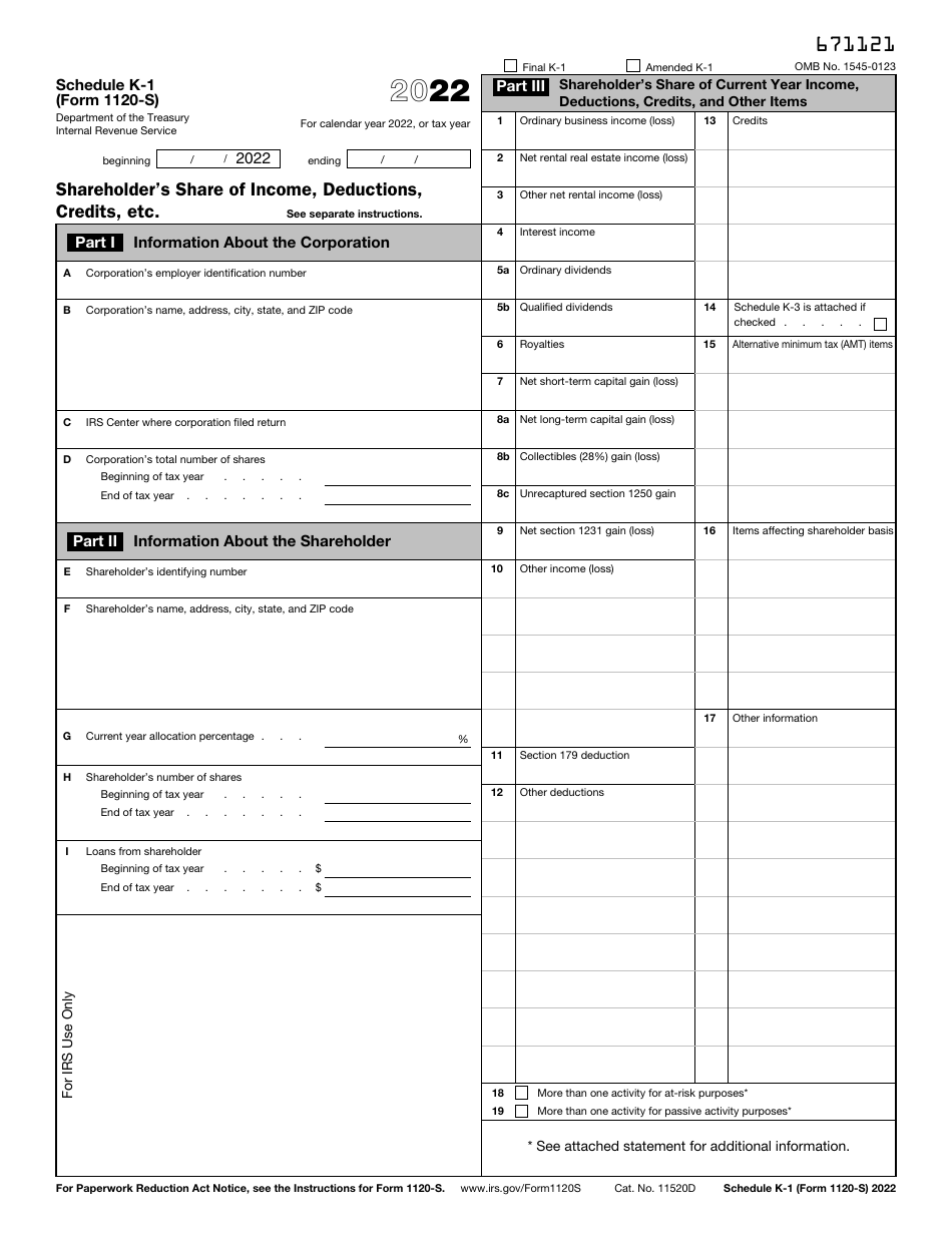 IRS Form 1120-S Schedule K-1 Download Fillable PDF or Fill Online ...