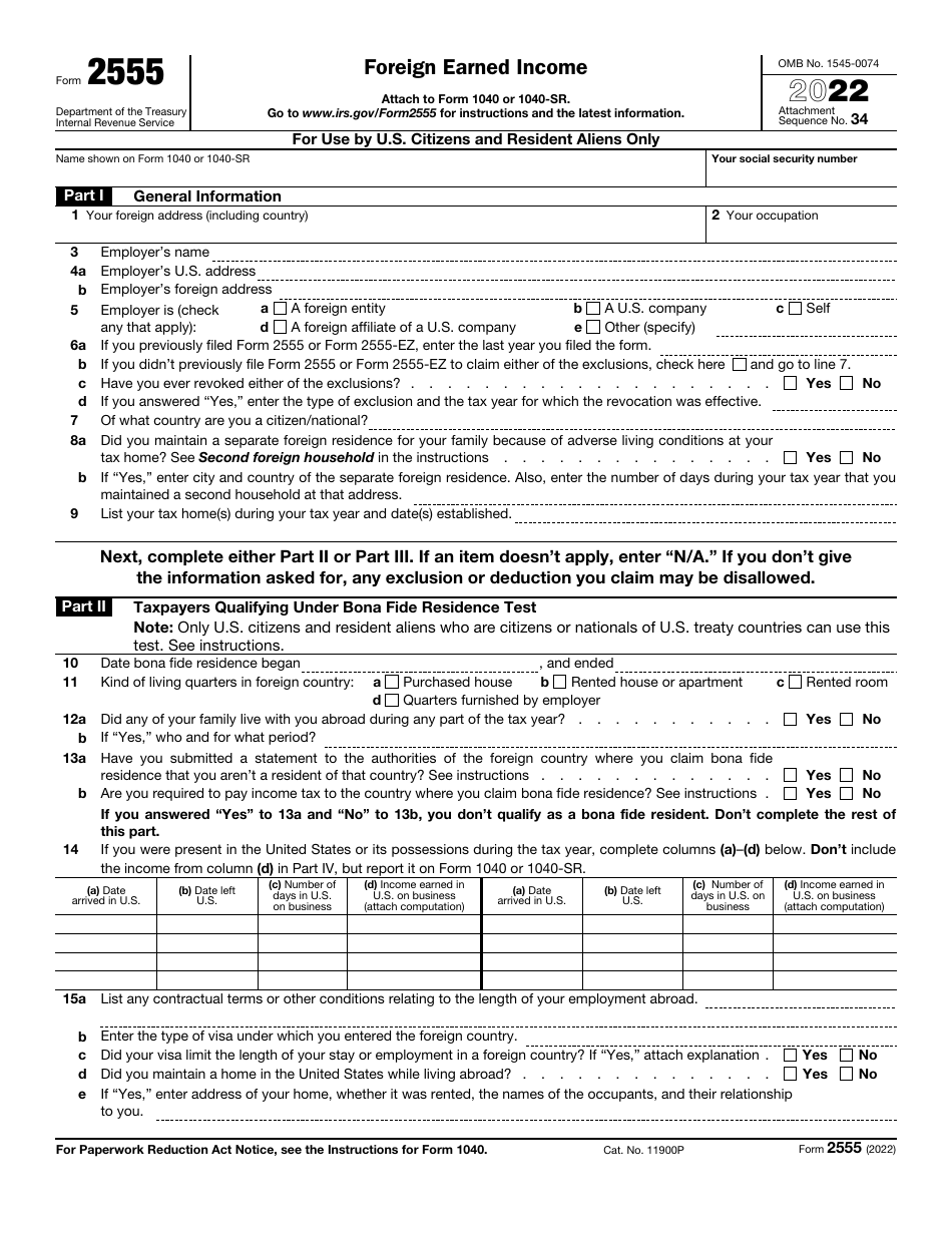 IRS Form 2555 - 2022 - Fill Out, Sign Online and Download Fillable PDF ...