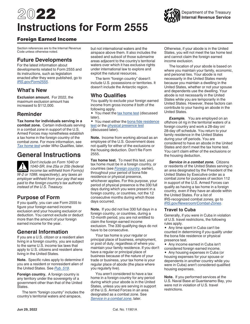 Download Instructions for IRS Form 2555 Foreign Earned Income PDF, 2022 ...