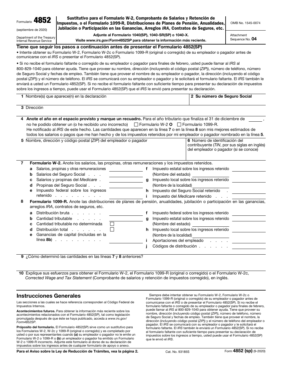 IRS Formulario 4852 - Fill Out, Sign Online and Download Fillable PDF ...