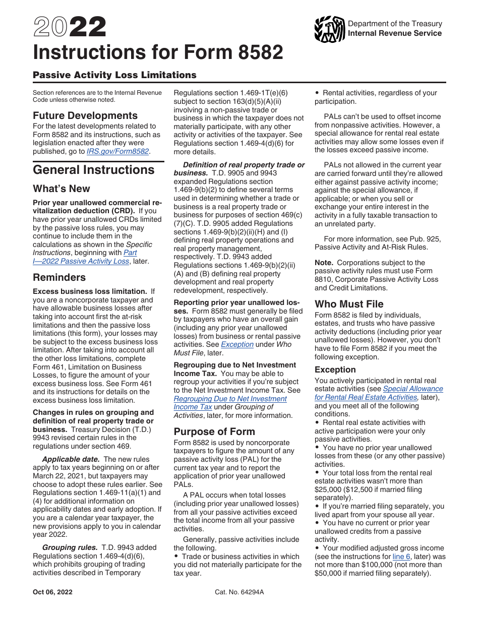 Download Instructions for IRS Form 8582 Passive Activity Loss ...