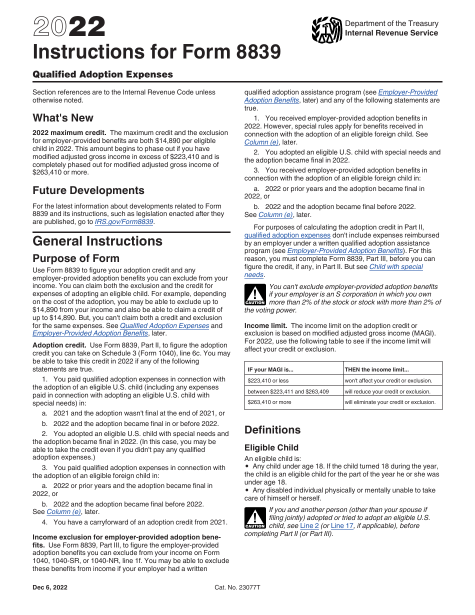 Download Instructions for IRS Form 8839 Qualified Adoption Expenses PDF ...