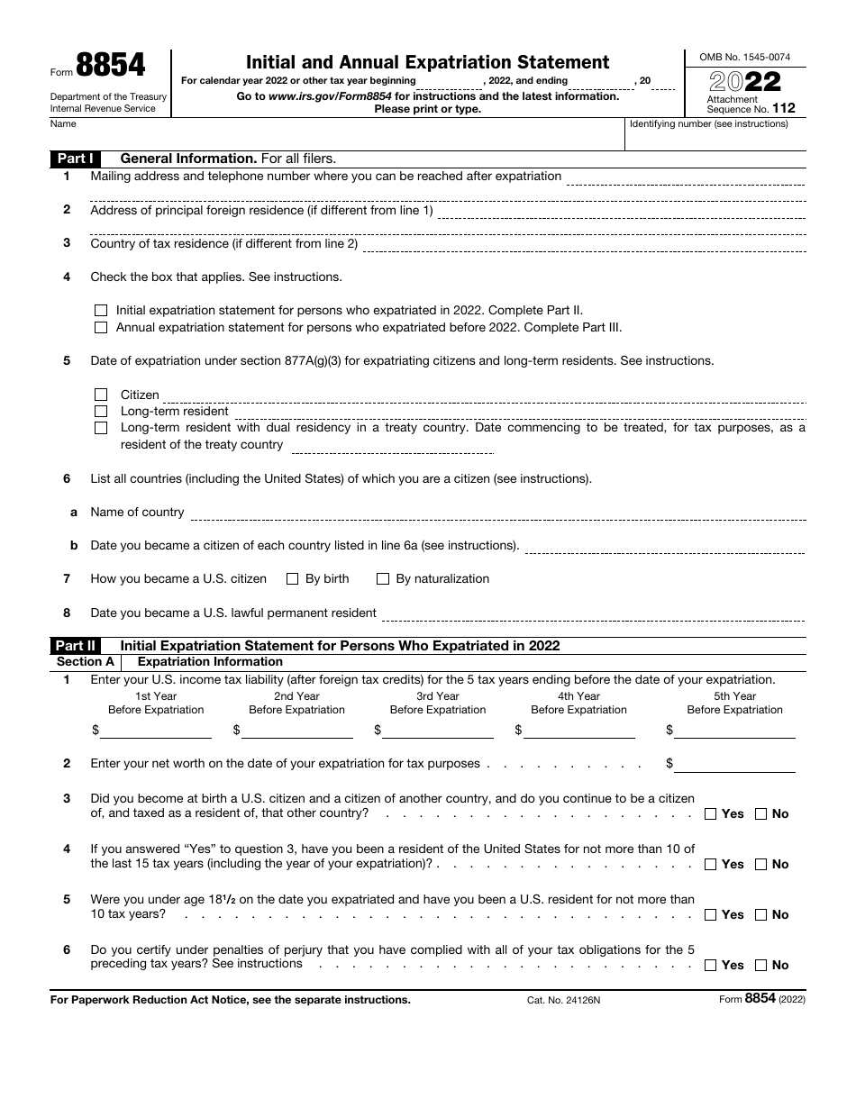 IRS Form 8854 Download Fillable PDF or Fill Online Initial and Annual ...
