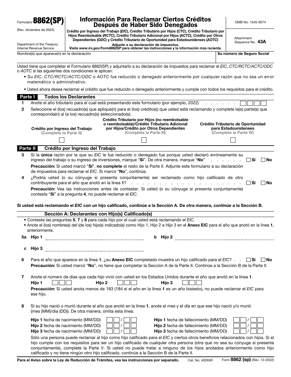 IRS Formulario 8862(SP) - Fill Out, Sign Online and Download Fillable ...