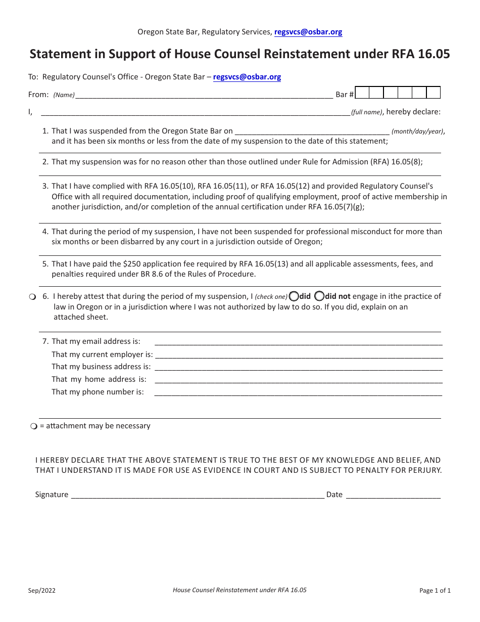 Oregon Statement in Support of House Counsel Reinstatement Under Rfa 16.05 - Fill Out, Sign ...