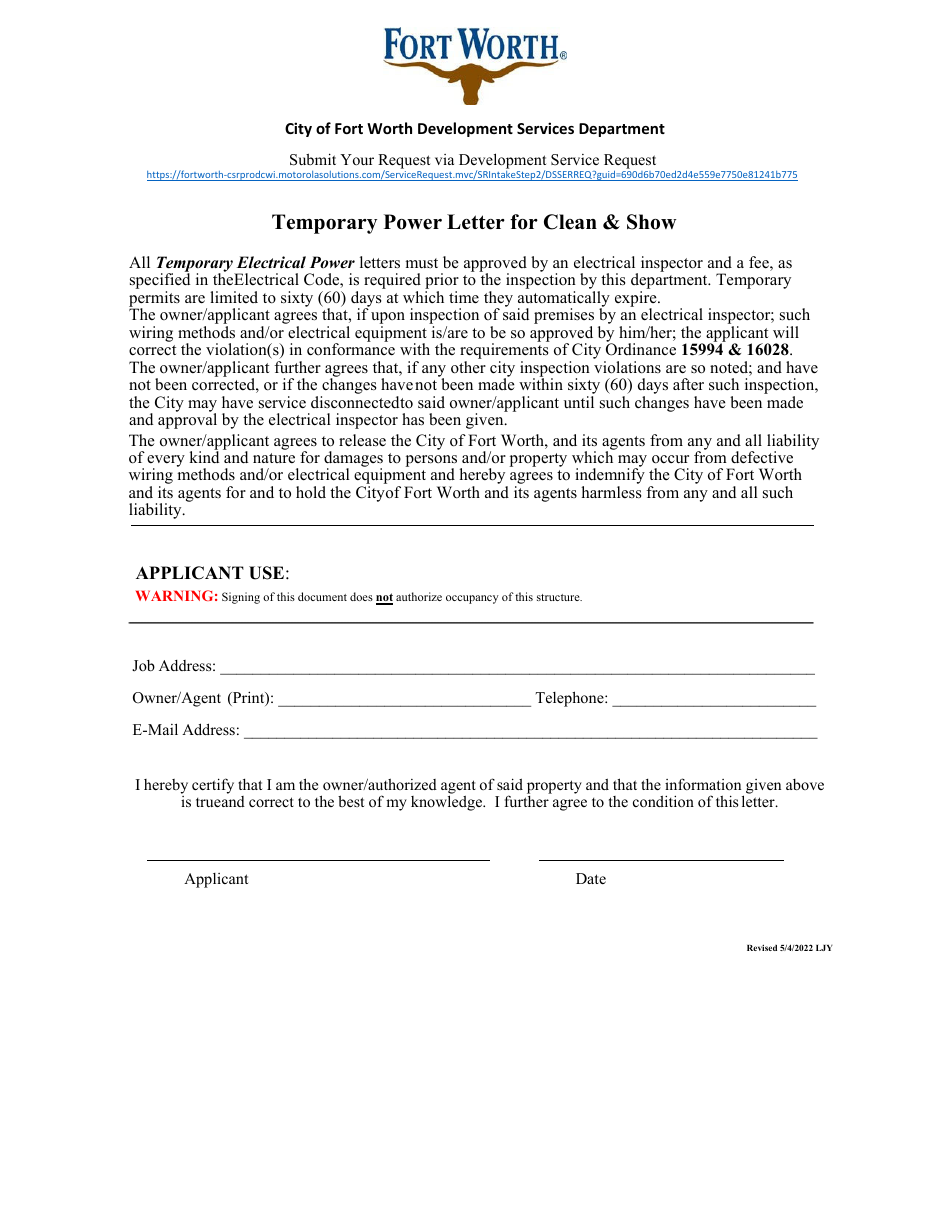 City of Fort Worth, Texas Temporary Power Letter for Clean & Show ...
