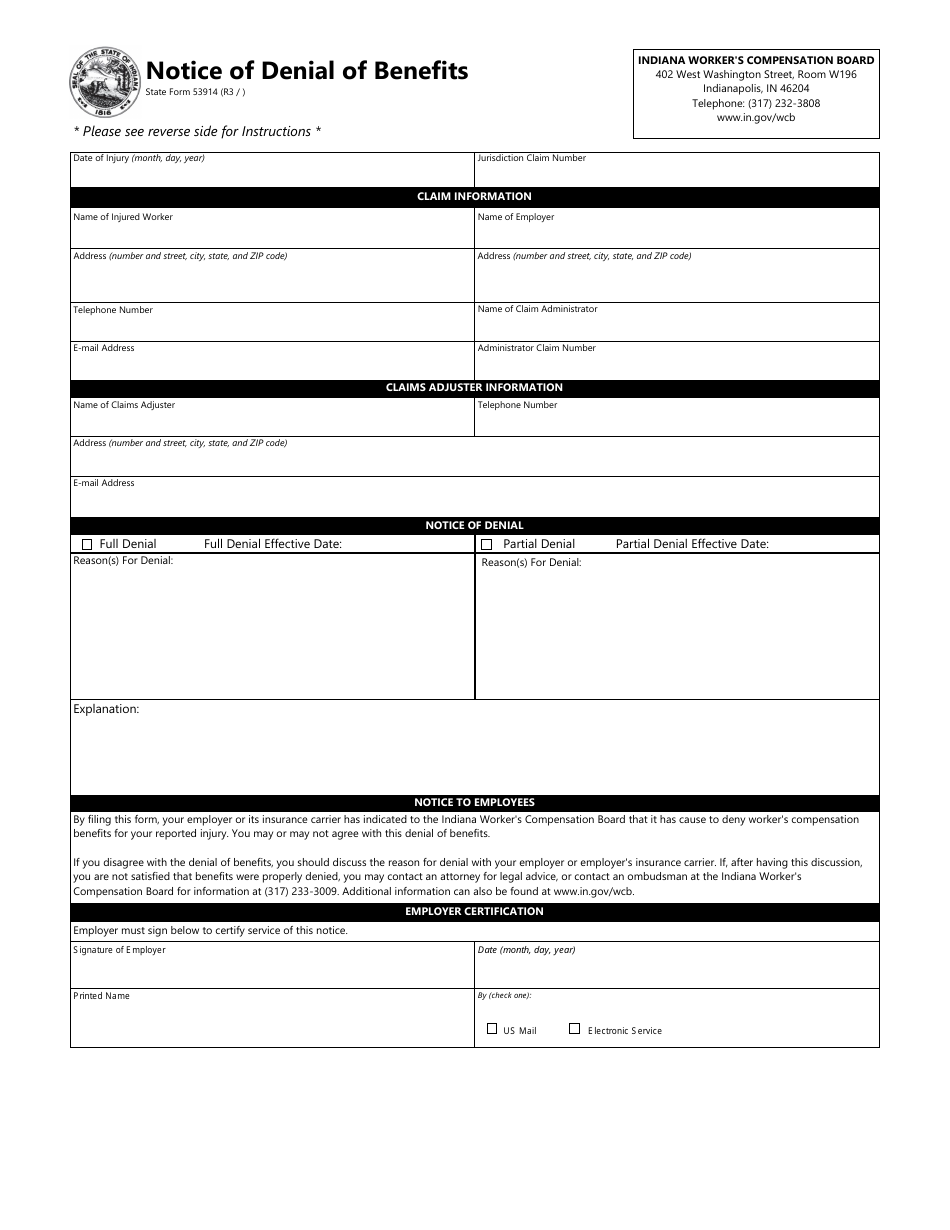 State Form 53914 Download Fillable PDF or Fill Online Notice of Denial ...