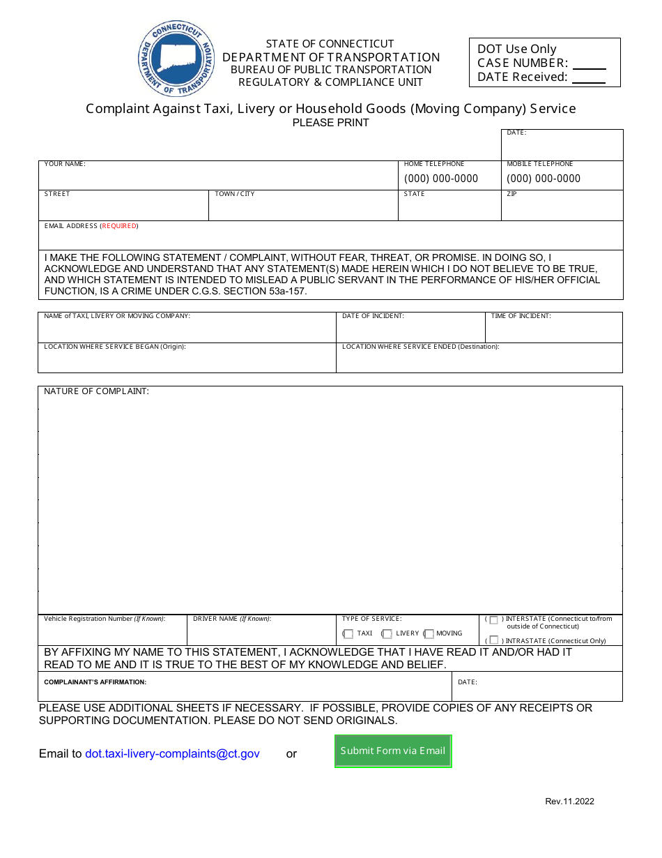 Connecticut Complaint Against Taxi, Livery or Household Goods (Moving ...