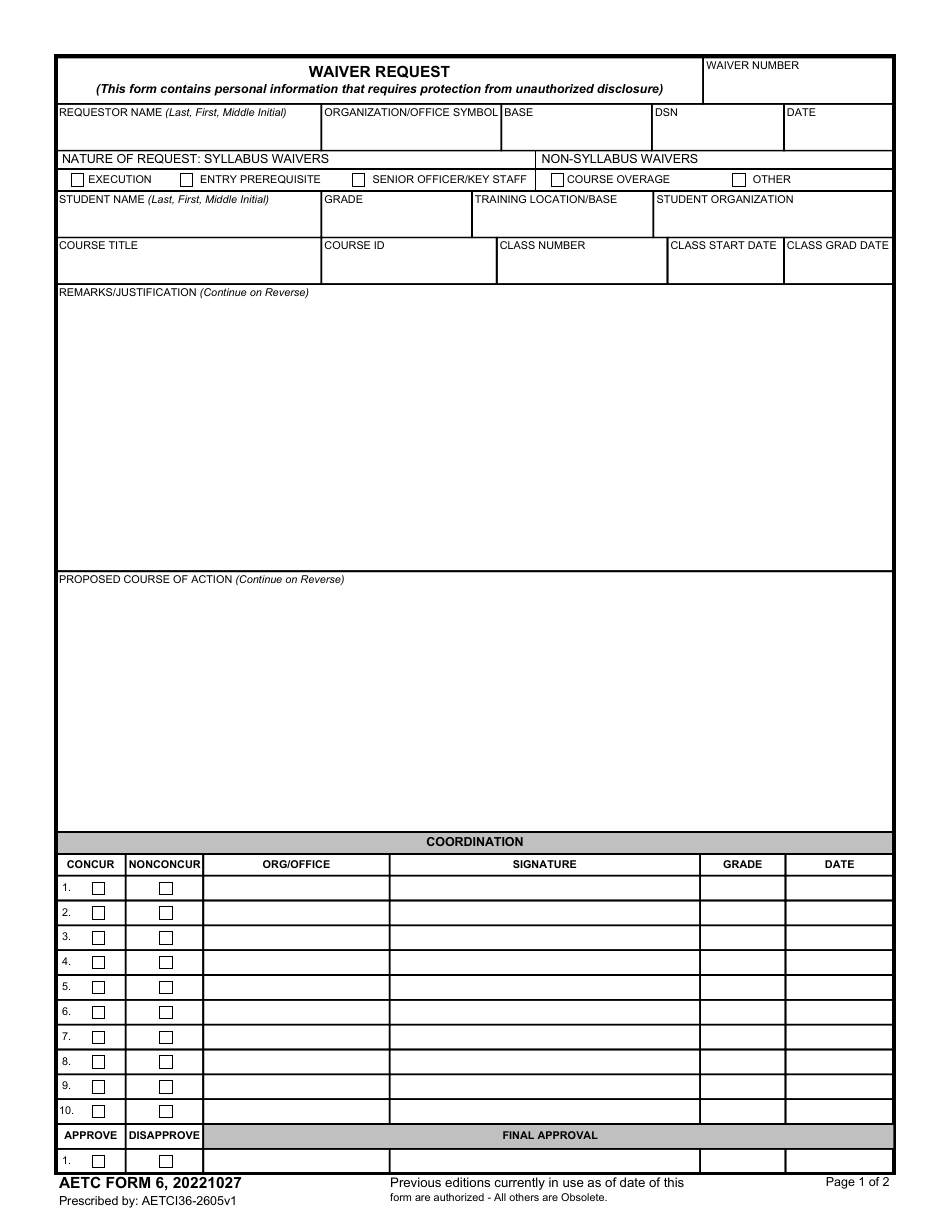 AETC Form 6 Download Fillable PDF or Fill Online Waiver Request 2016 ...