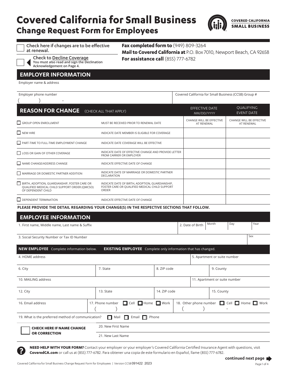 2023 California Change Request Form for Employees Download Fillable PDF ...