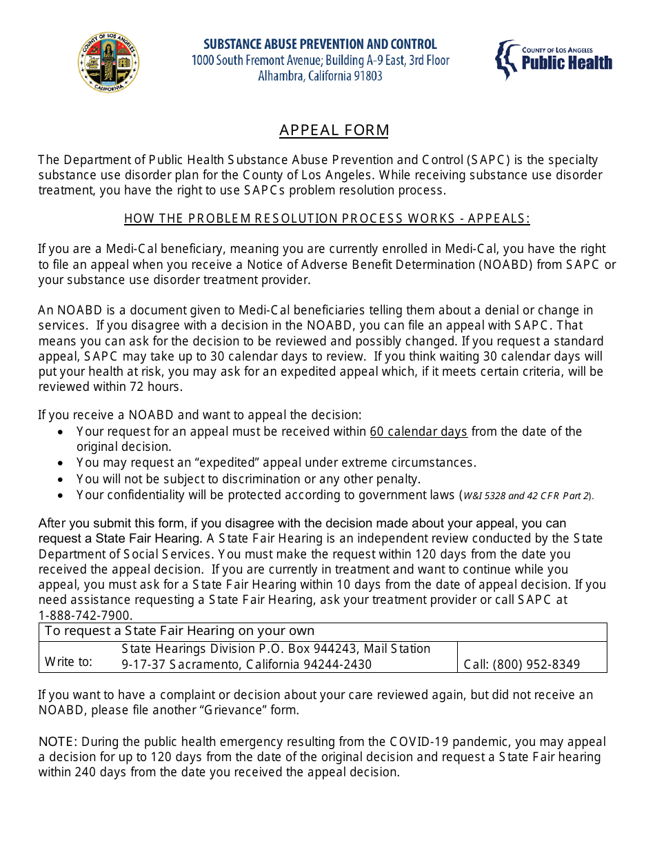 County of Los Angeles, California Appeal Form - Fill Out, Sign Online ...