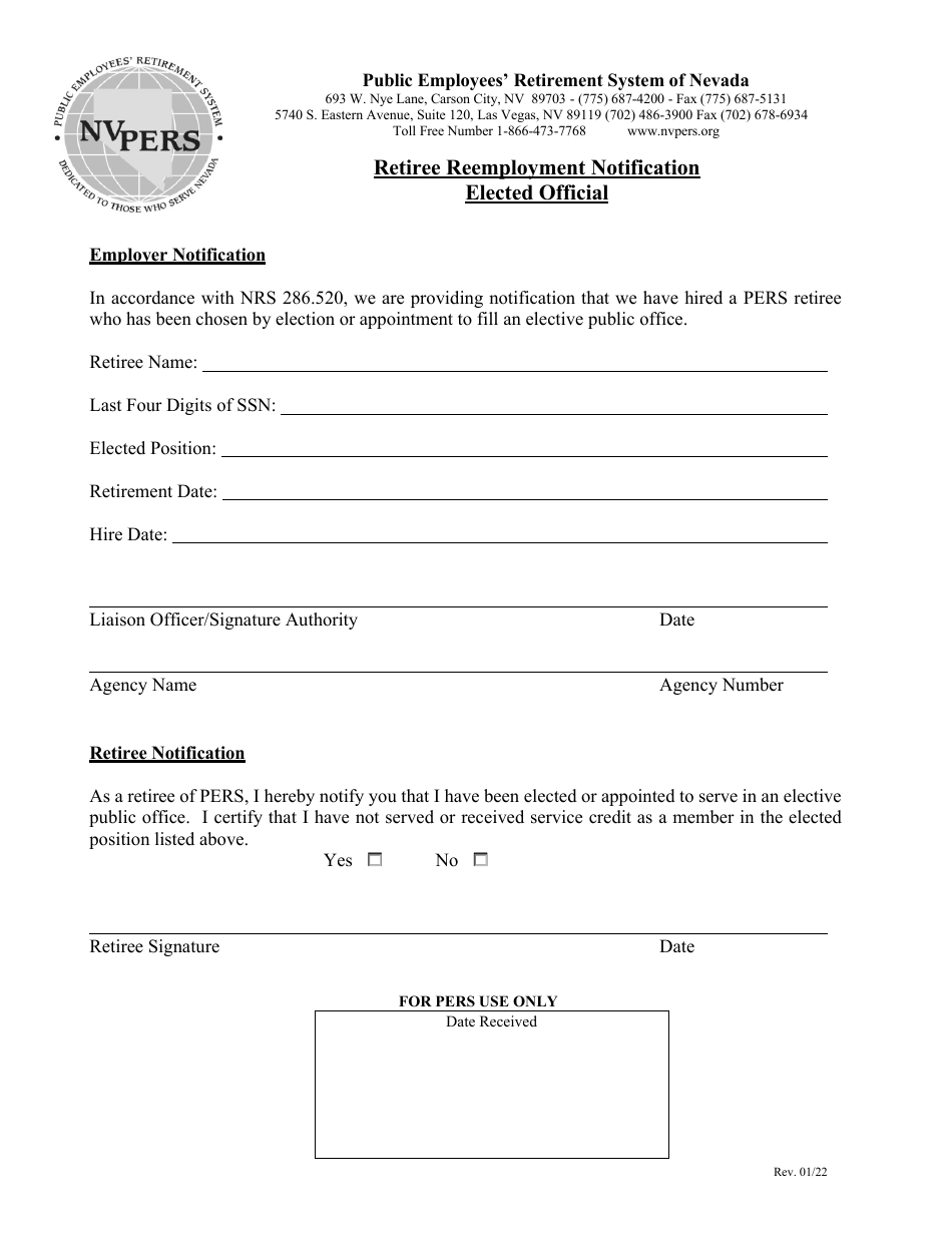 Nevada Retiree Reemployment Notification Elected Official - Fill Out ...
