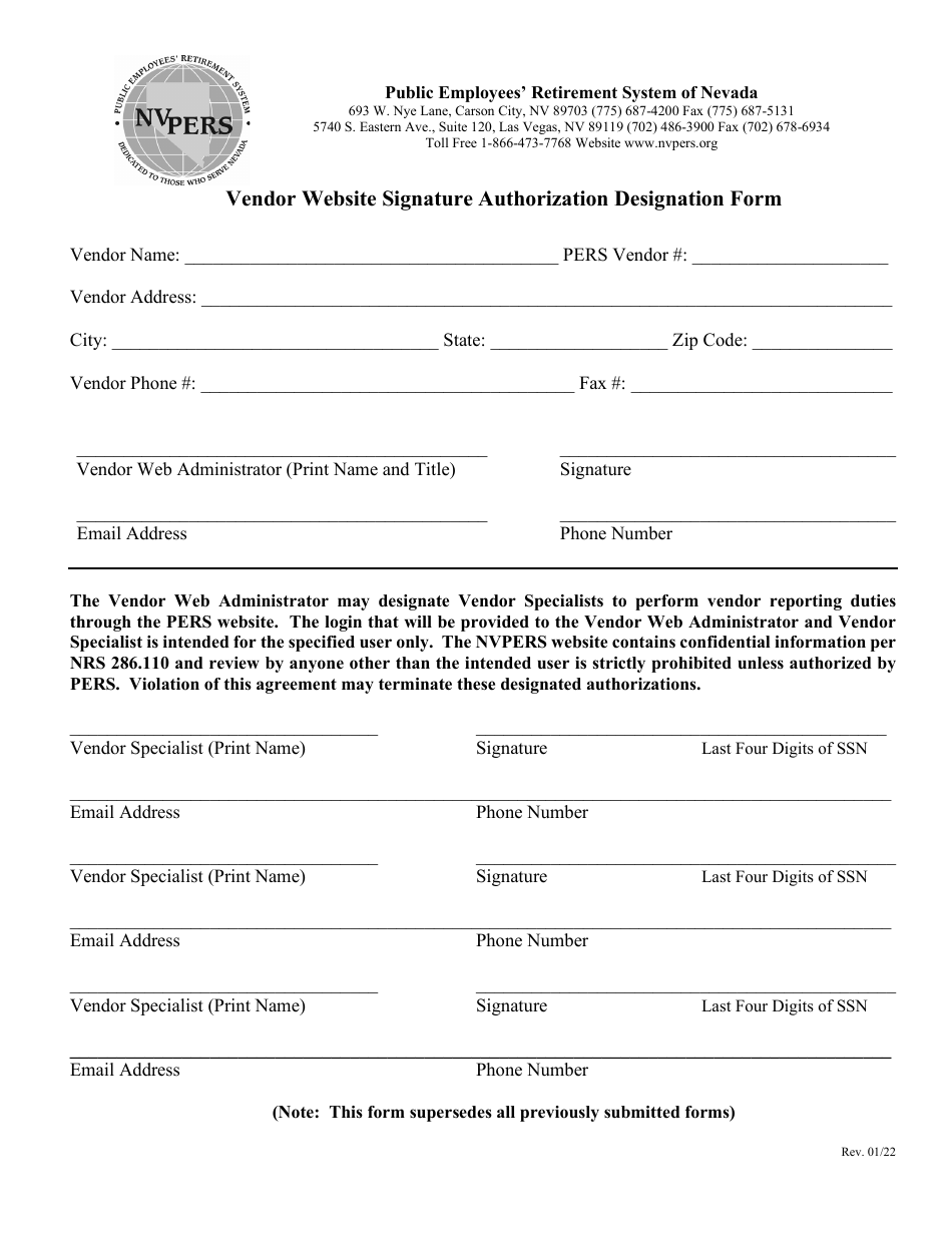 Nevada Vendor Website Signature Authorization Designation Form Download ...
