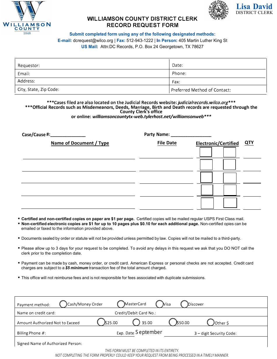 Williamson County, Texas Record Request Form - Fill Out, Sign Online ...